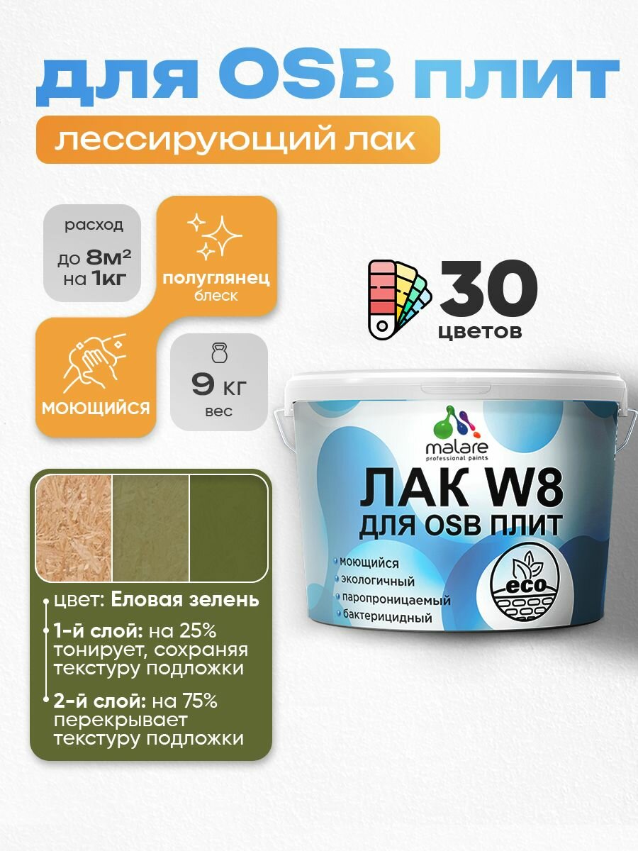 Лак колерованный тонирующий для защиты ОСБ плит Malare W8 для дерева и минеральных поверхностей, паропроницаемый водный без запаха, полуглянцевый, еловая зелень, 9 кг.