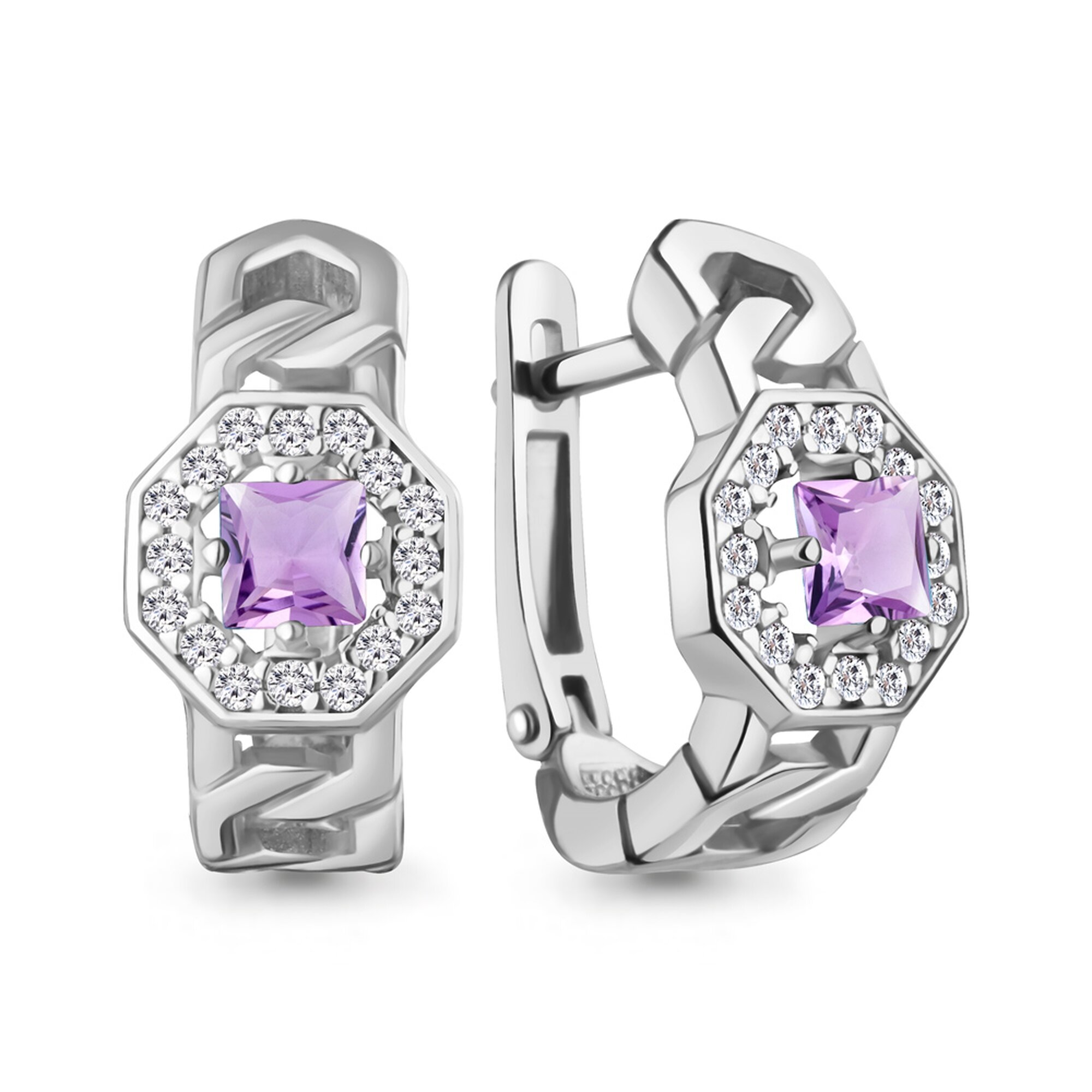 Серьги, серебро, 925 проба, родирование, фианит, аметист