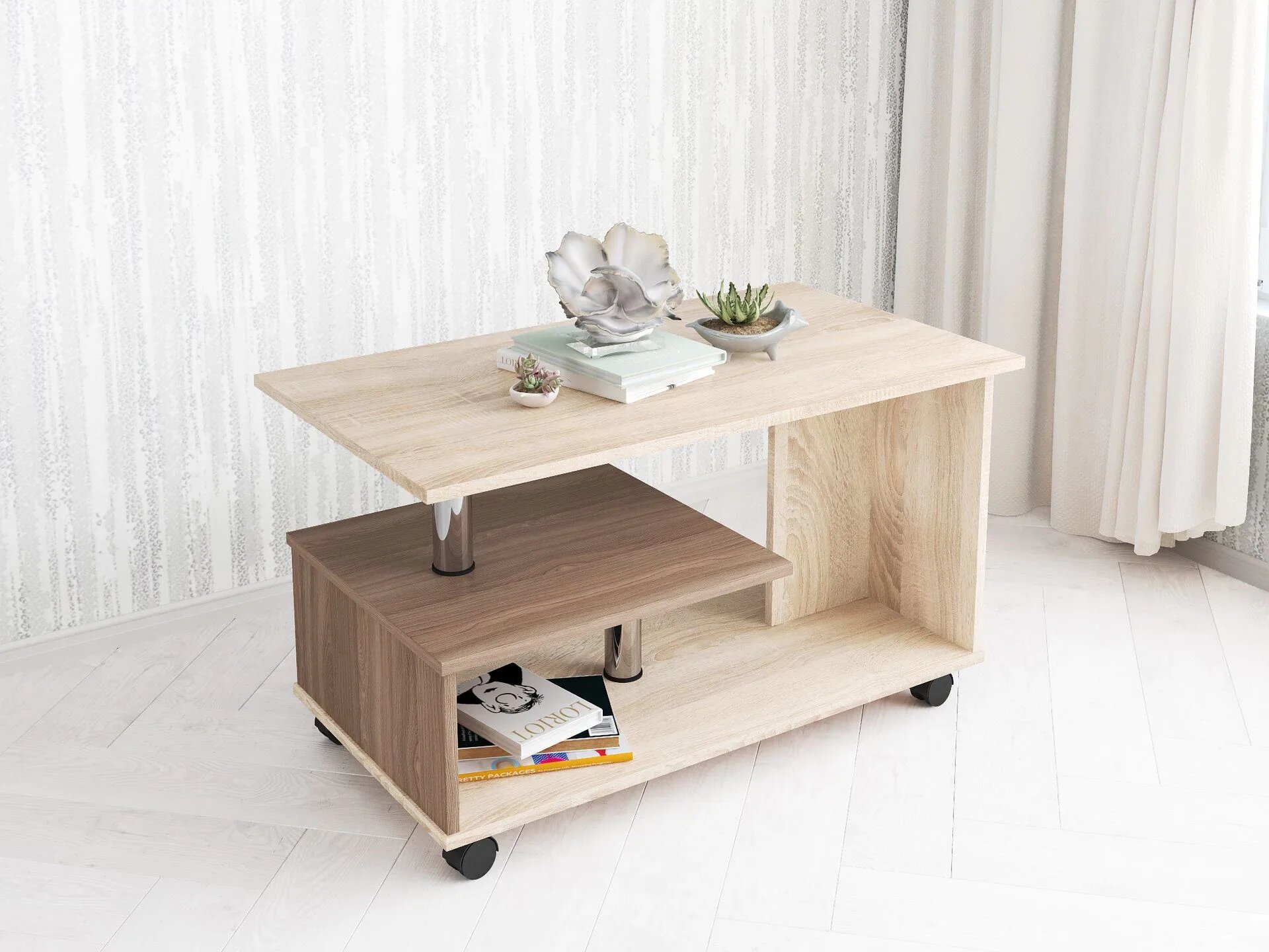 Стол журнальный «Консул-5», с полкой, на колесиках, дуб сонома/ясень шимо (900х500х560)