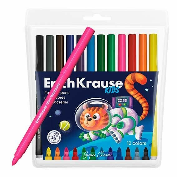 Фломастеры Erich Krause 12 цветов, "Kids Space Animals Super Tip Ultra Washable", футляр, европодвес (61825)