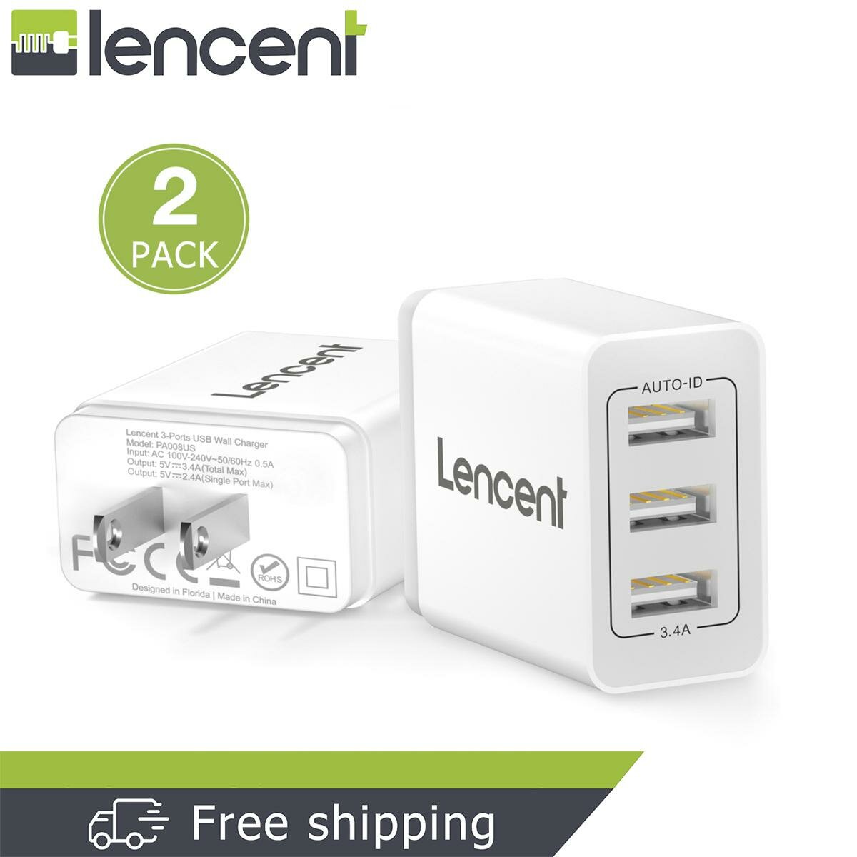 LENCENT 2 шт. в упаковке 3-портовое сетевое зарядное устройство USB с вилкой США, 17 Вт, адаптер для зарядки в форме куба с USB-разъемом для iPhone Xs/XS Max/XR/X/8/7/6/Plus, iPad Pro/Air 2/Mini 4/3, Galaxy/Note/Edge, LG, Huawei, Nexus, HTC и других