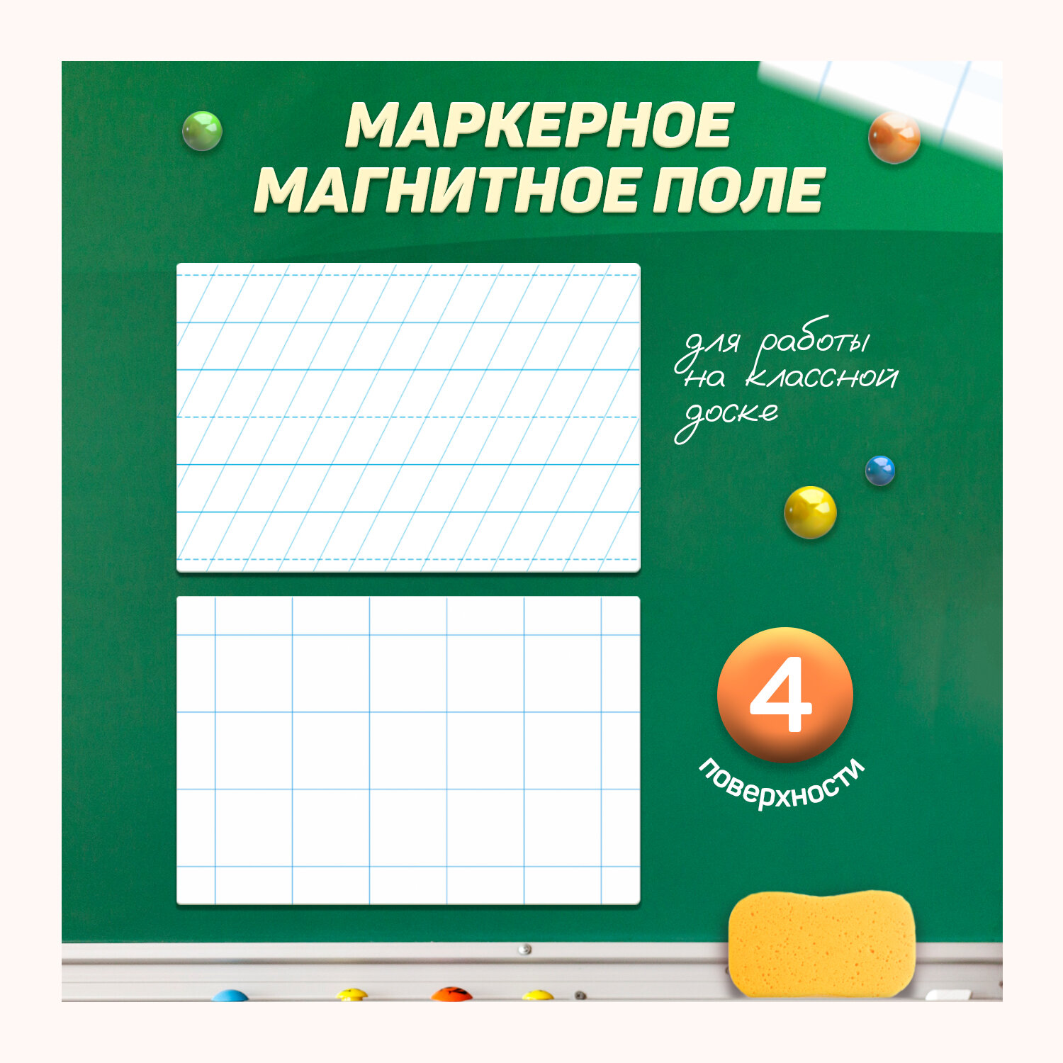 Разлиновка магнитная для школьной доски, набор, 2 в линию, 2 в клетку