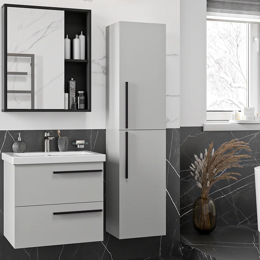 Шкаф-пенал для ванной Misty Ненси 35 подвесной, 35 см, серый, матовый, с дверками, фурнитура черная, из МДФ