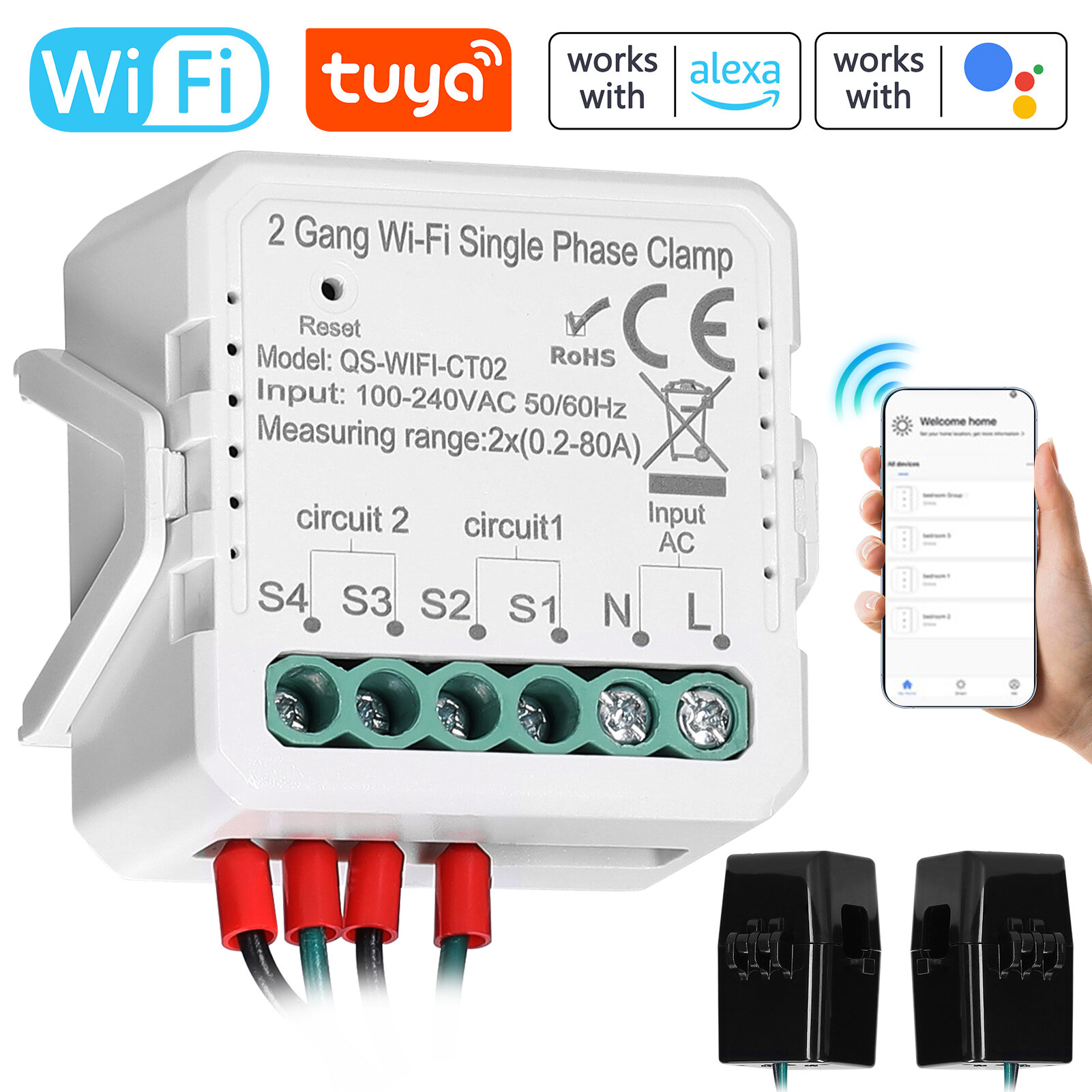 Счетчик электроэнергии Tuya WiFi 2 Gang 80A односторонний клеммный солнечный PV двухнаправленный двухсторонний с приложением для мобильного телефона, контролем током, трансформатором тока, расписанием, таймером для домашней автоматизации