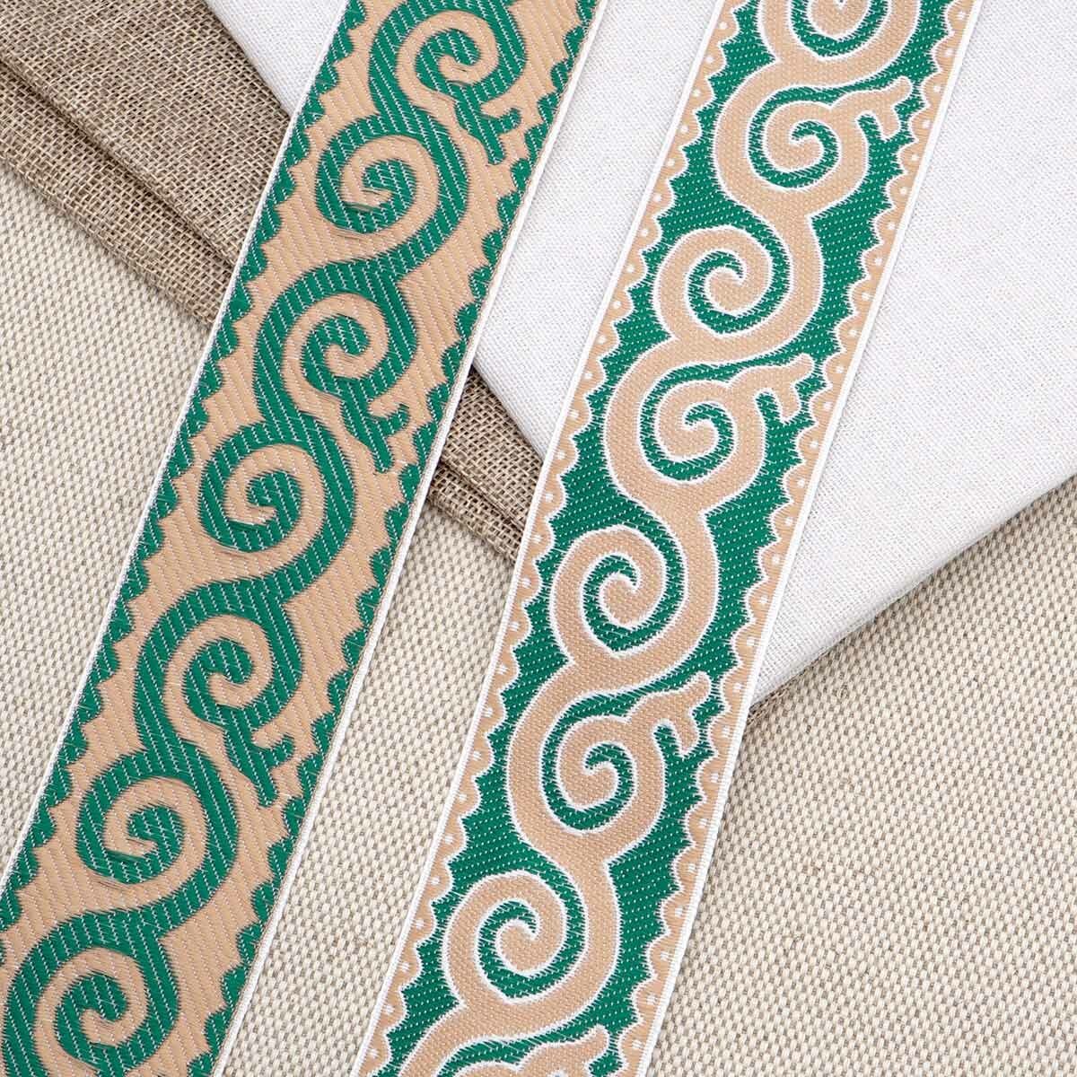 Тесьма декоративная для рукоделия 5 см × 25 м, Славянский орнамент Оберег, цвет белый/бежевый/зеленый