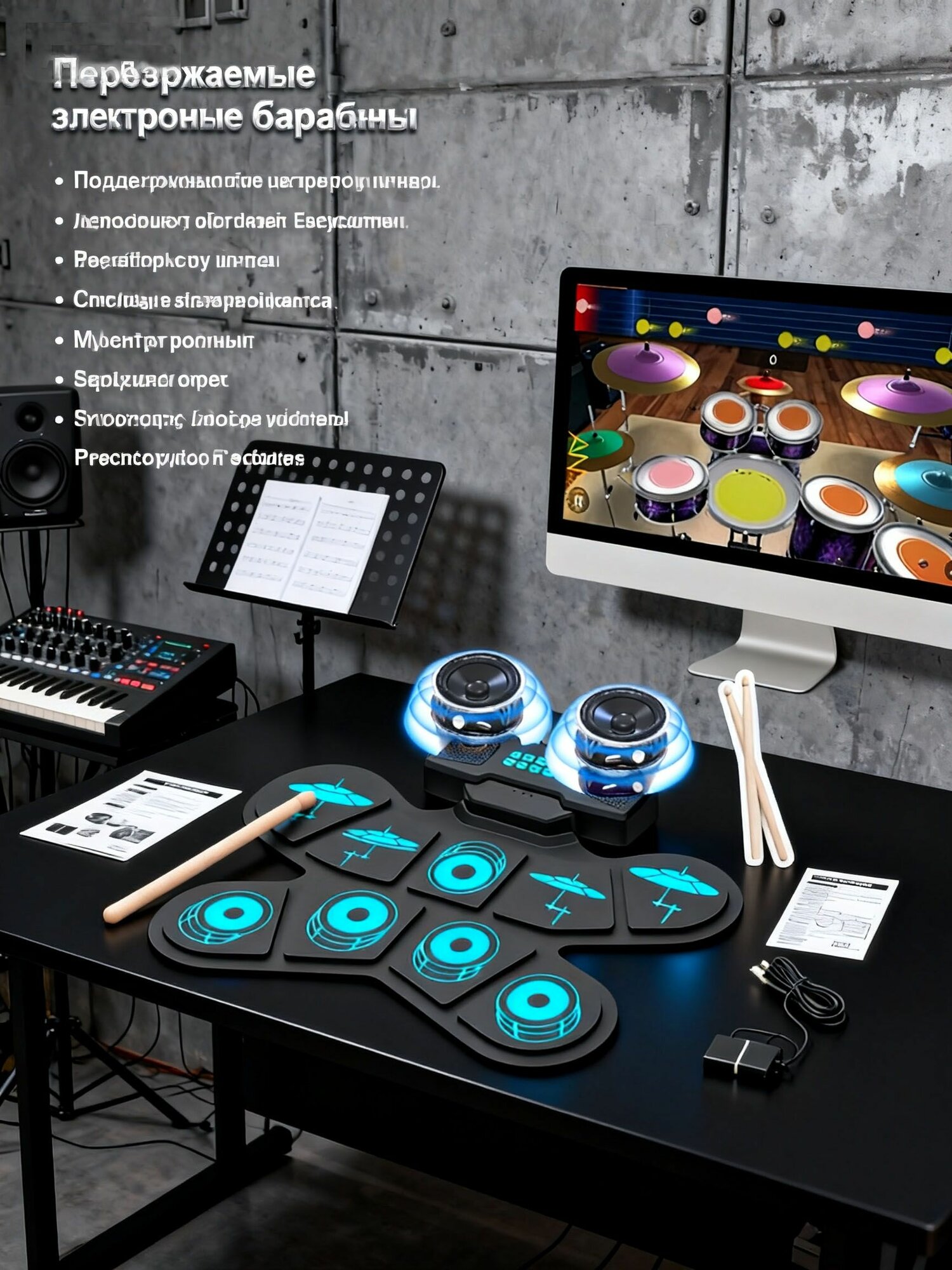 Гибкая ударная установка барабаны электронные с педалями и динамиками, MOYUWIT, Универсален для мобильных телефонов и компьютеров, может использоваться в качестве MIDI-устройствLOKB