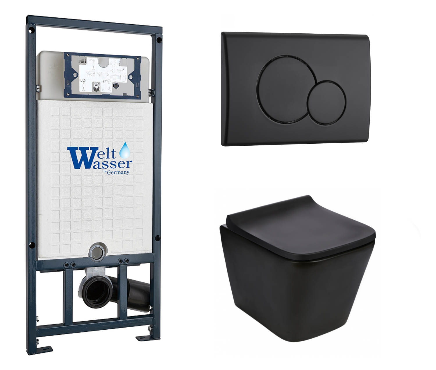 Комплект 3 в 1 инсталляция WeltWasser WW Marberg 507 + Подвесной унитаз WeltWasser Gelbach 043 MT-BL черный с кнопкой черной RD 10000005949 + 10000010238 + 10000003748
