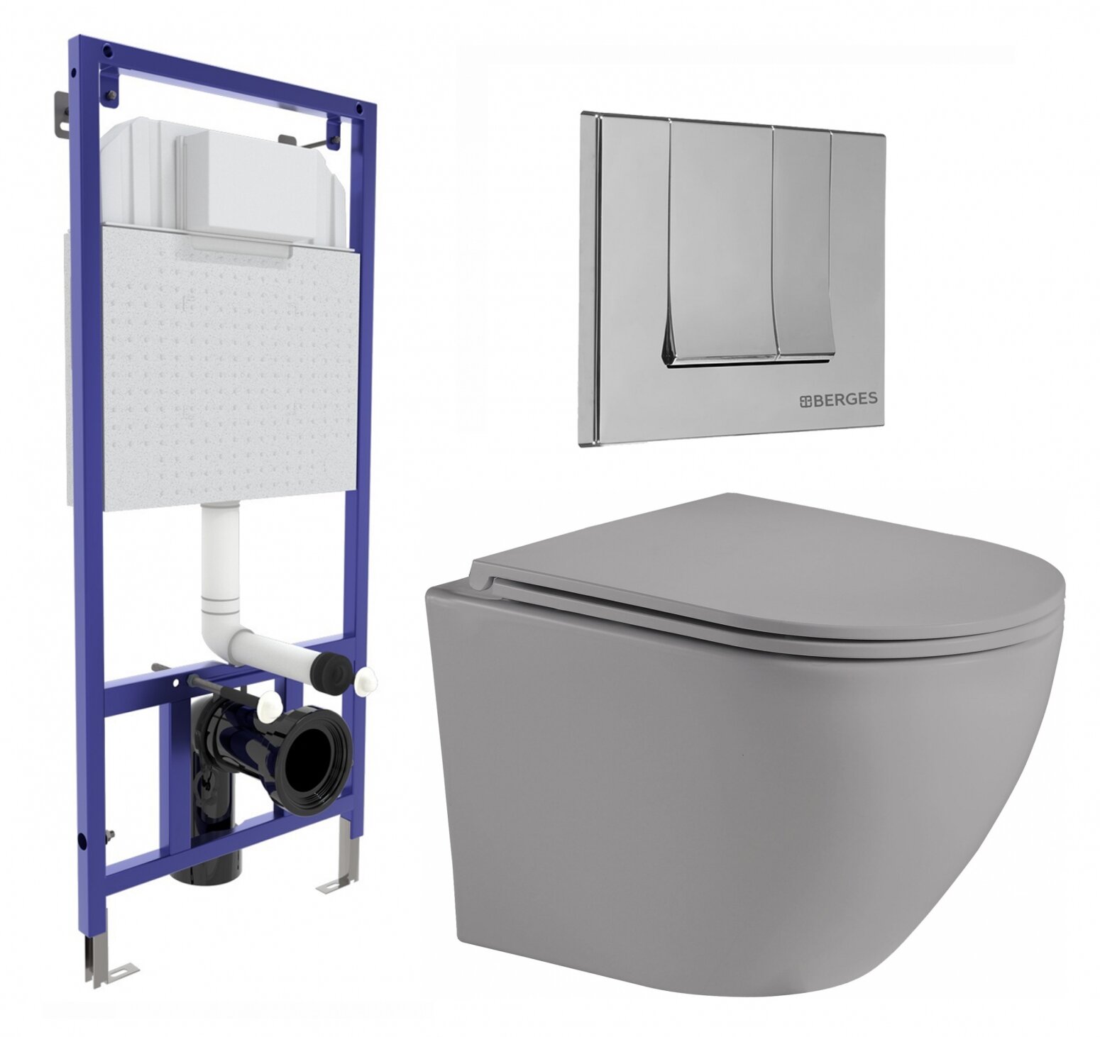 Комплект 3 в 1 инсталляция Berges Wasserhaus Novum 040243 + Унитаз подвесной Weltwasser WW Merzbach 043 MT-GR + кнопка хром