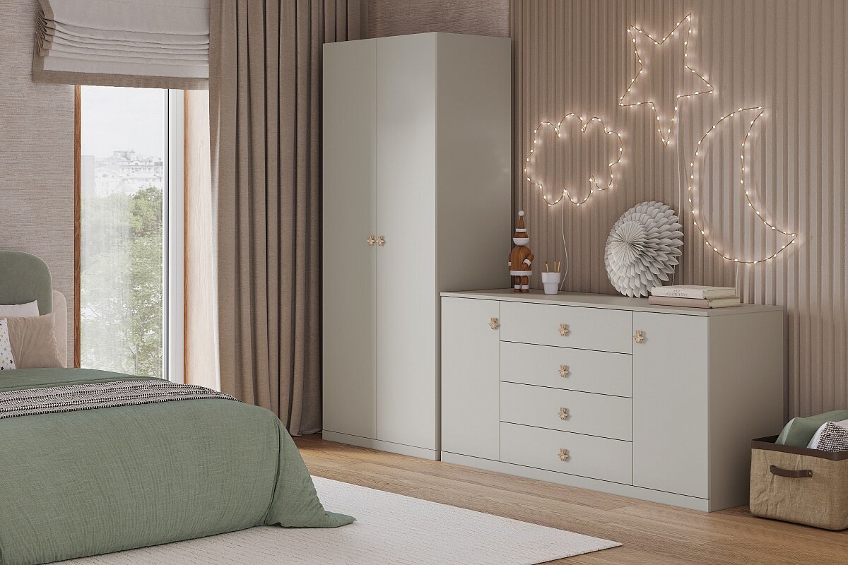 Детская стенка МебельЛэнд24 Скарабей Mini - 7 Кашемир 250x52x210 бежевый со шкафом с комодом