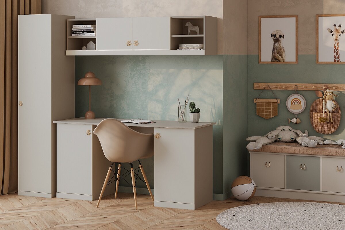 Детская стенка МебельЛэнд24 Скарабей Mini - 11 Кашемир 195x60x210 бежевый со шкафом со столом