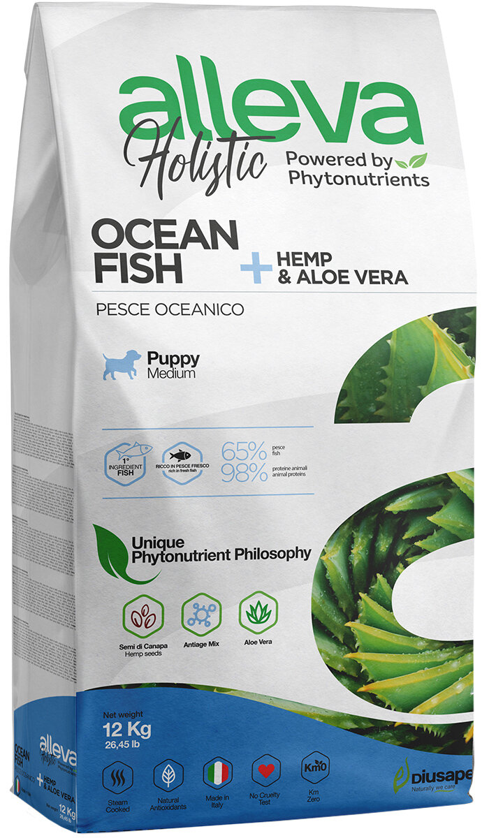 ALLEVA HOLISTIC PUPPY MEDIUM OCEAN FISH безз д щенков средн пор с океан рыбой, коноплей и алоэ вера 12 кг