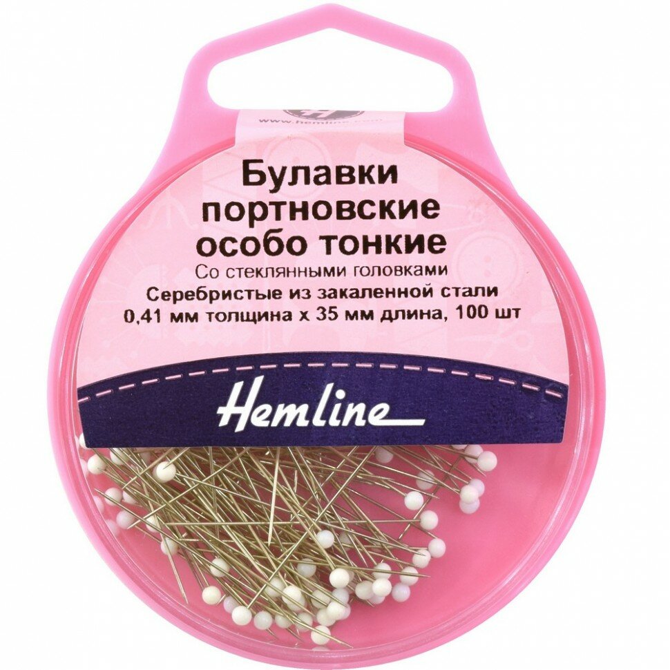 Hemline 674 Булавки портновские особо тонкие со стеклянными головками, 35 мм, 100 шт