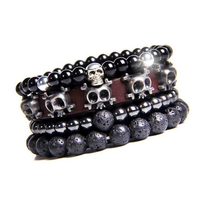 Браслет, вулканическая лава, каучук, кожа, дерево, гематит, металл, агат