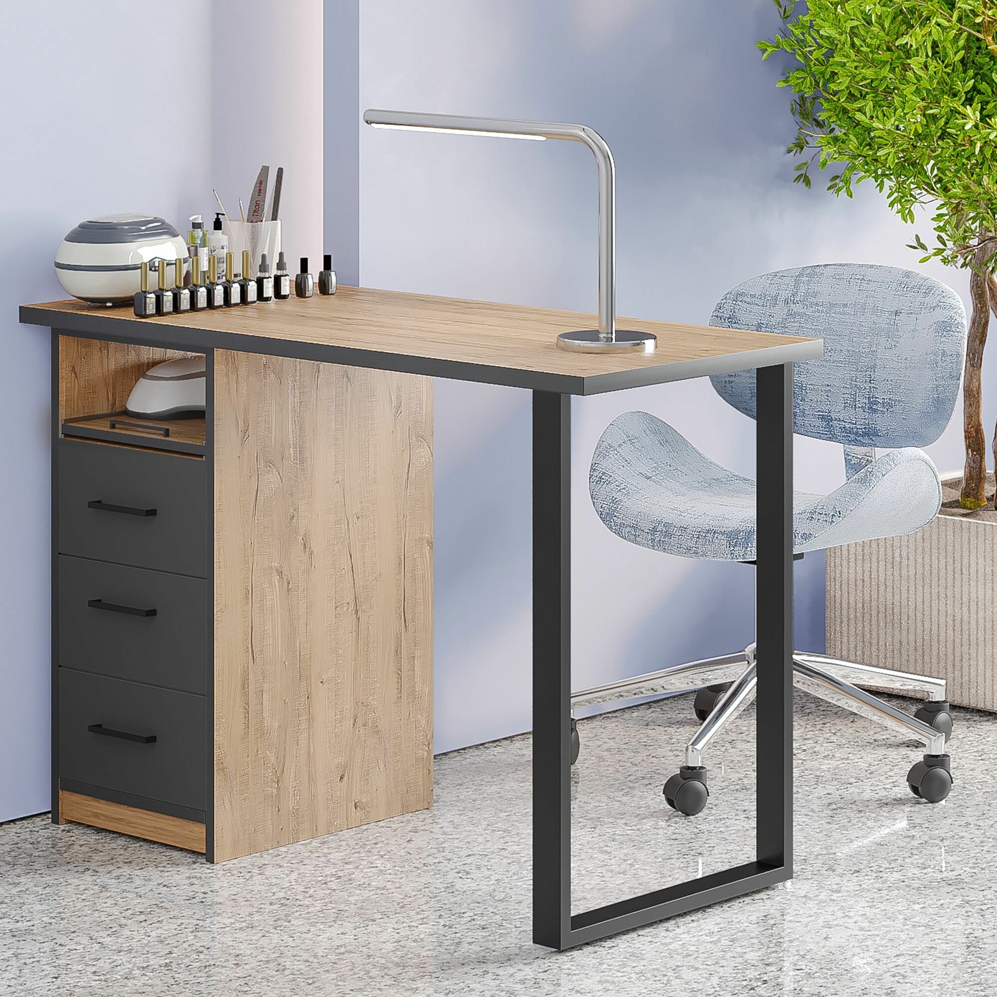 Стол для маникюра с выдвижной полкой, цвет дуб вотан и графит с черной кромкой