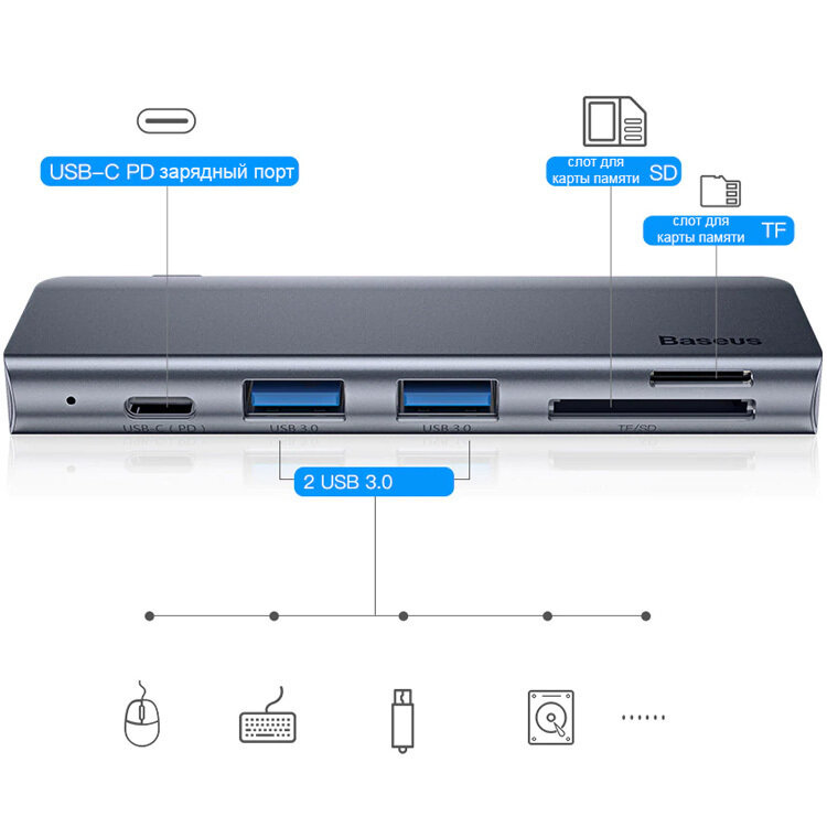 Baseus универсальный блок питания HUB Harmonica 5-in-1 HUB Adapter CAHUB-K0G