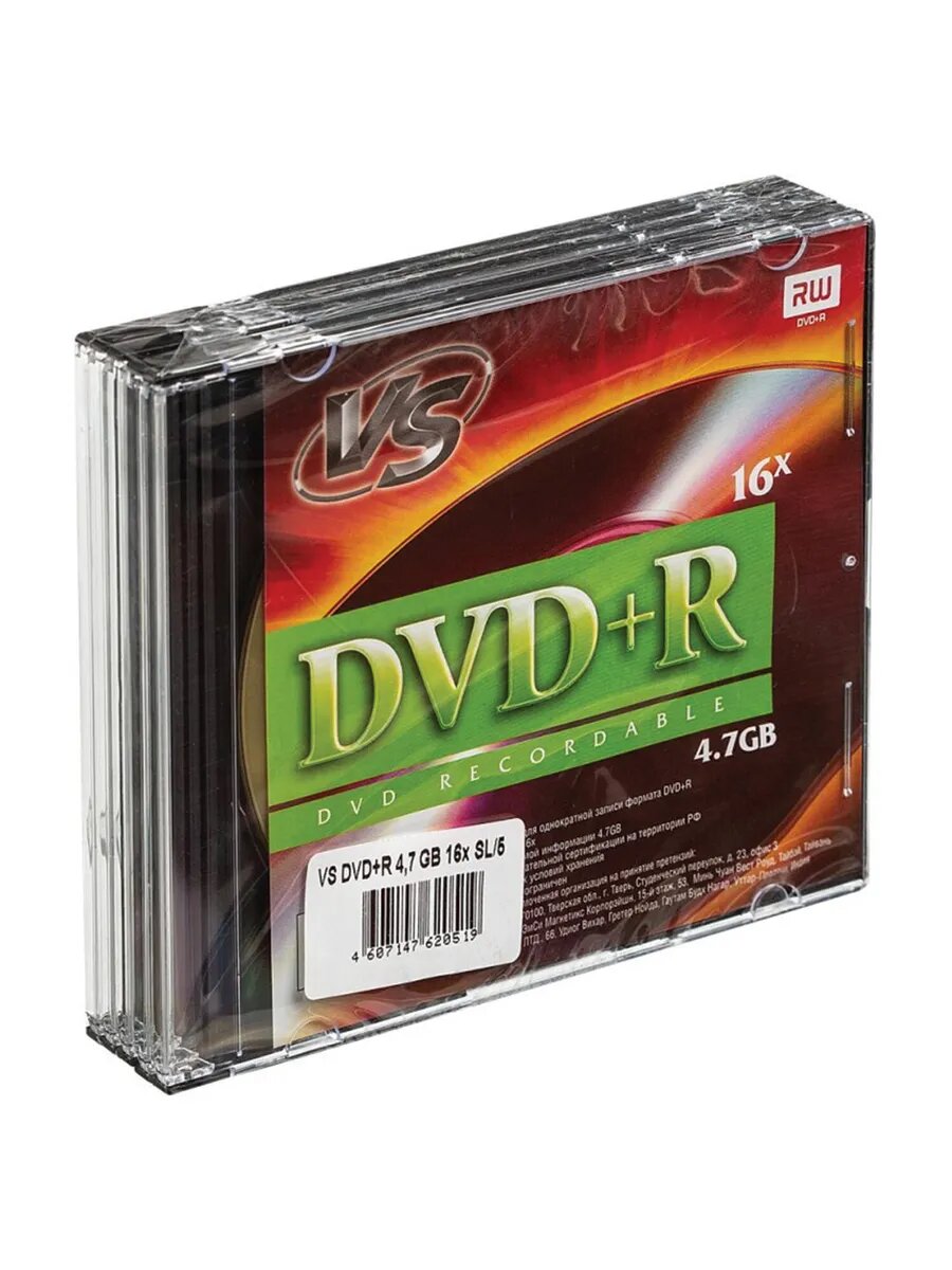 Диск DVD+R (плюс) VS, 4,7 Гб, 16x, Slim Case, комплект 5 шт.