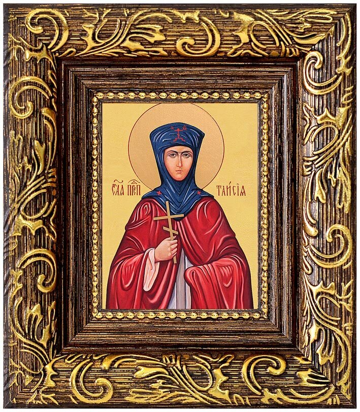 Преподобная Таисия Египетская, икона в широкой темной пластиковой рамке 10,5*12 см