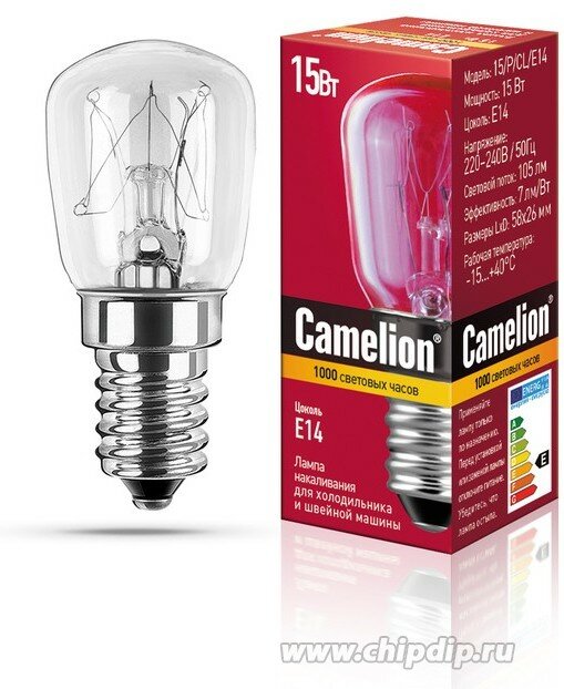 Camelion лампа накаливания ПШ для холодильников и шв. машин E14 15W прозрачная 58x26 15/P/CL/E14