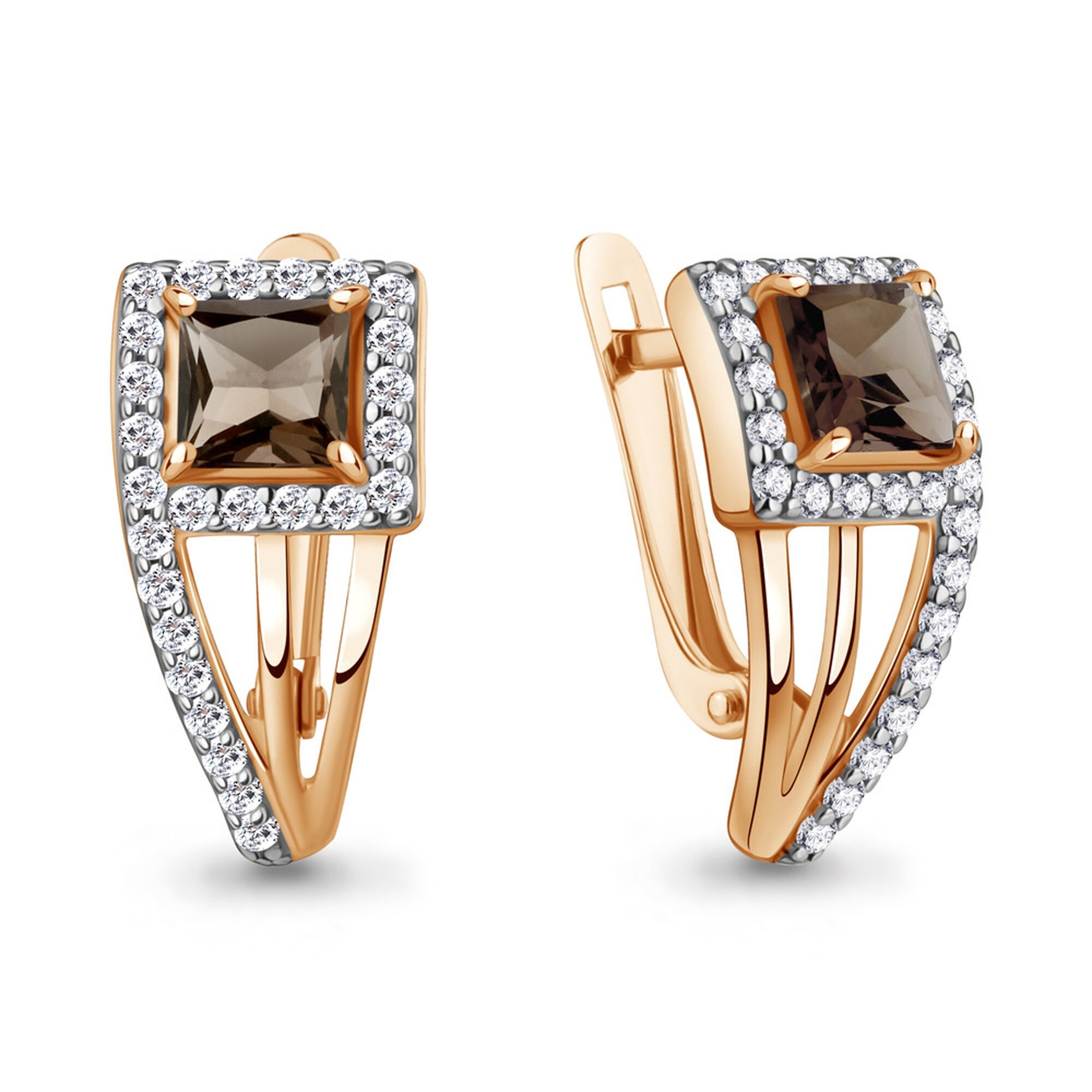 Серьги, серебро, 925 проба, золочение, фианит, кварц