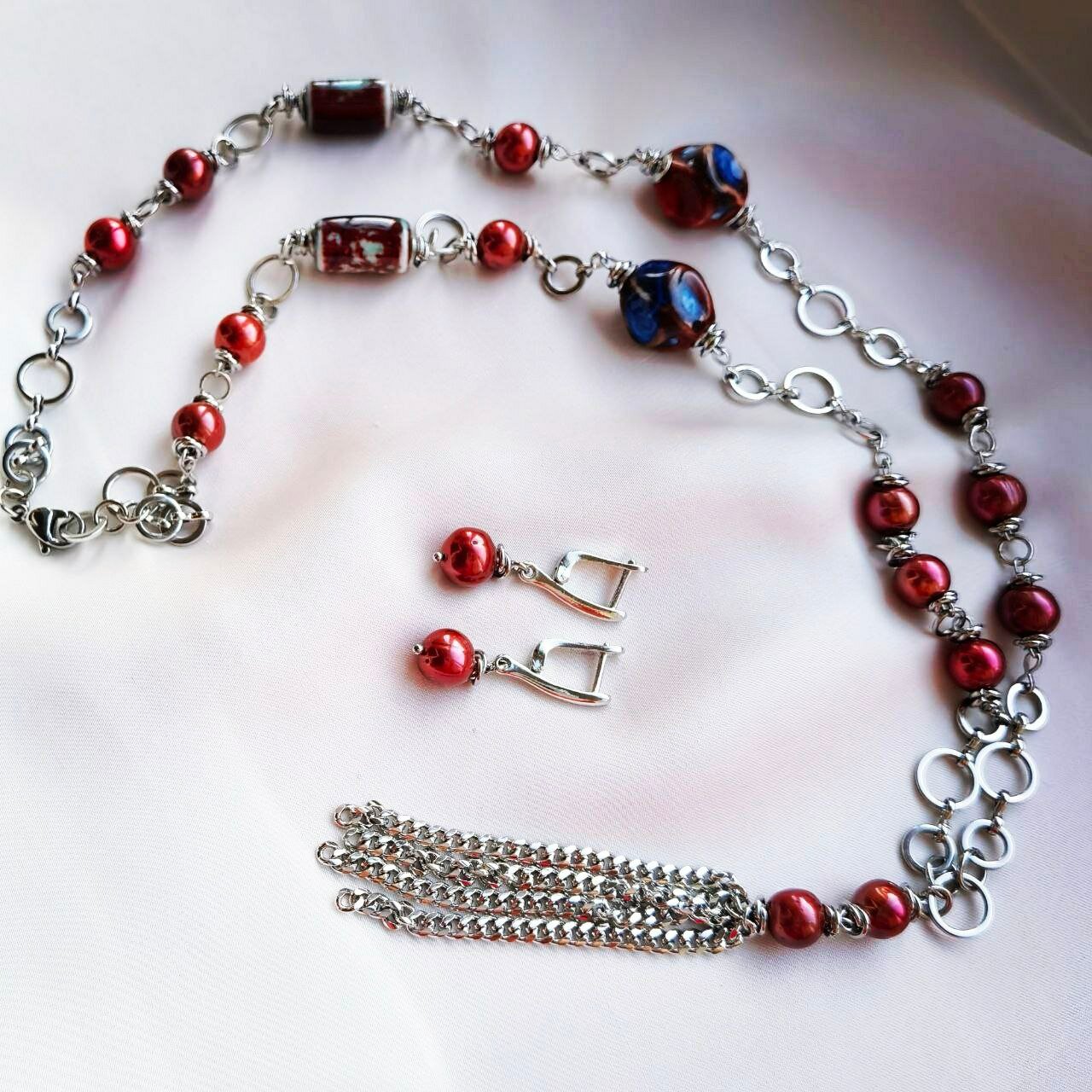 Комплект бижутерии: колье, серьги, жемчуг культивированный, керамика