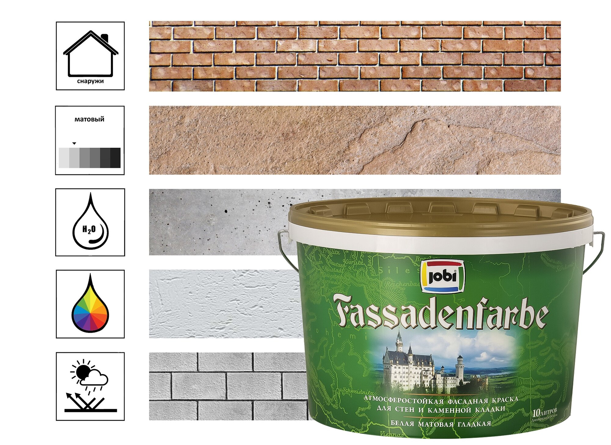 Фасадная краска JOBI FASSADENFARBE, атмосферостойкая, матовая, 9 л