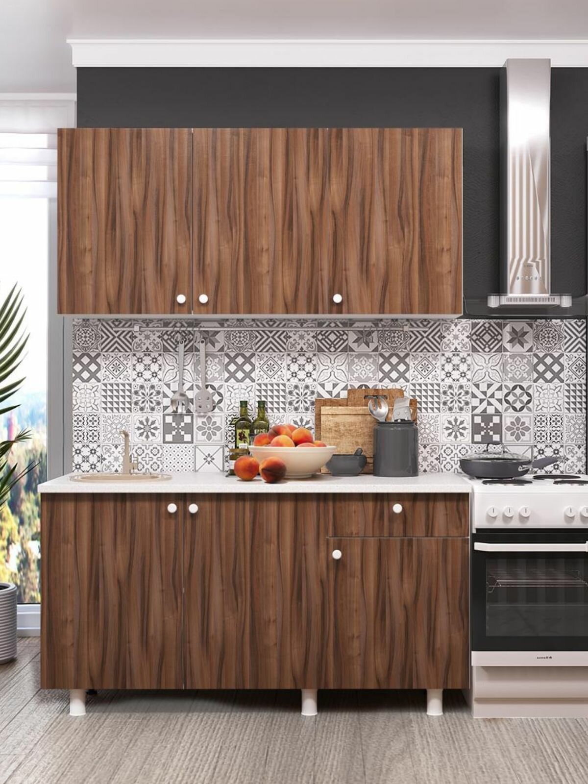 Кухонный гарнитур Горизонт Поинт, 1500 мм, Орех тьеполо/Антарес