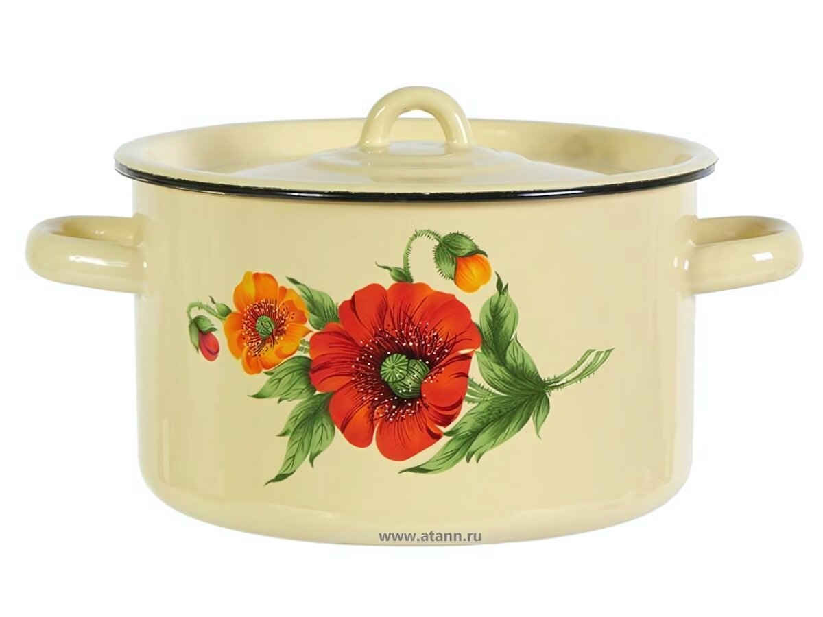 Кастрюля эмалированная 2,9л с цветочным рисунком, металлическая крышка, для плит и духовки