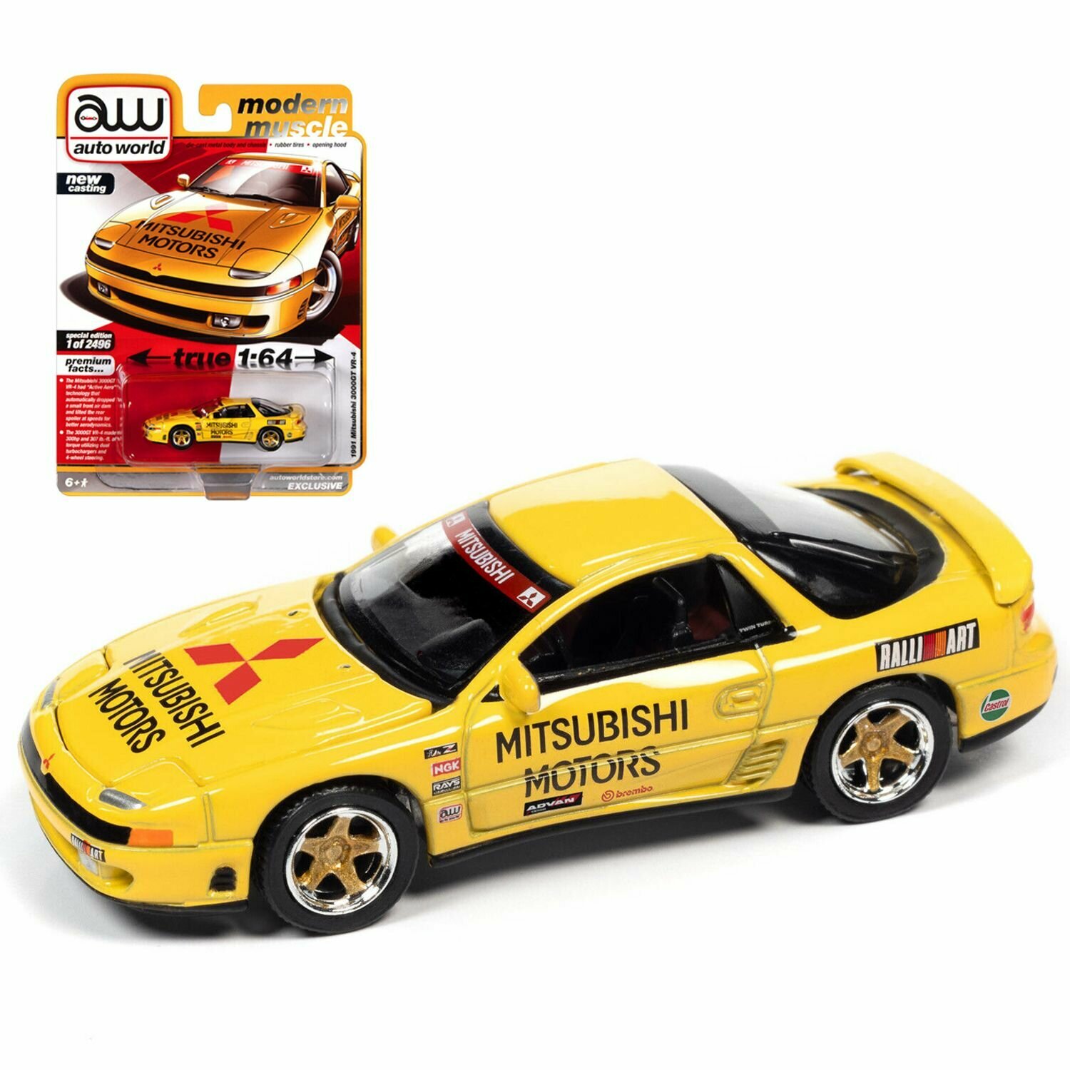 Машинка литая коллекционная Auto World - Die-Cast модель 1991 Mitsubishi 3000GT VR-4, масштаб 1:64, серия Modern Muscle, SCM130