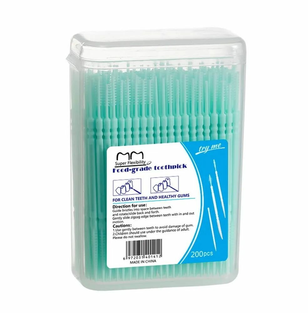 Зубочистки пластиковые Tryme , двусторонние,200 штук=v=