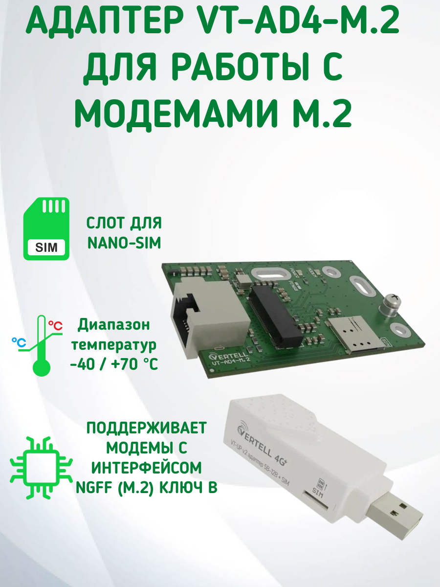Адаптер Vertell VT-AD4-M.2 с VT-UP v.2 + SIM