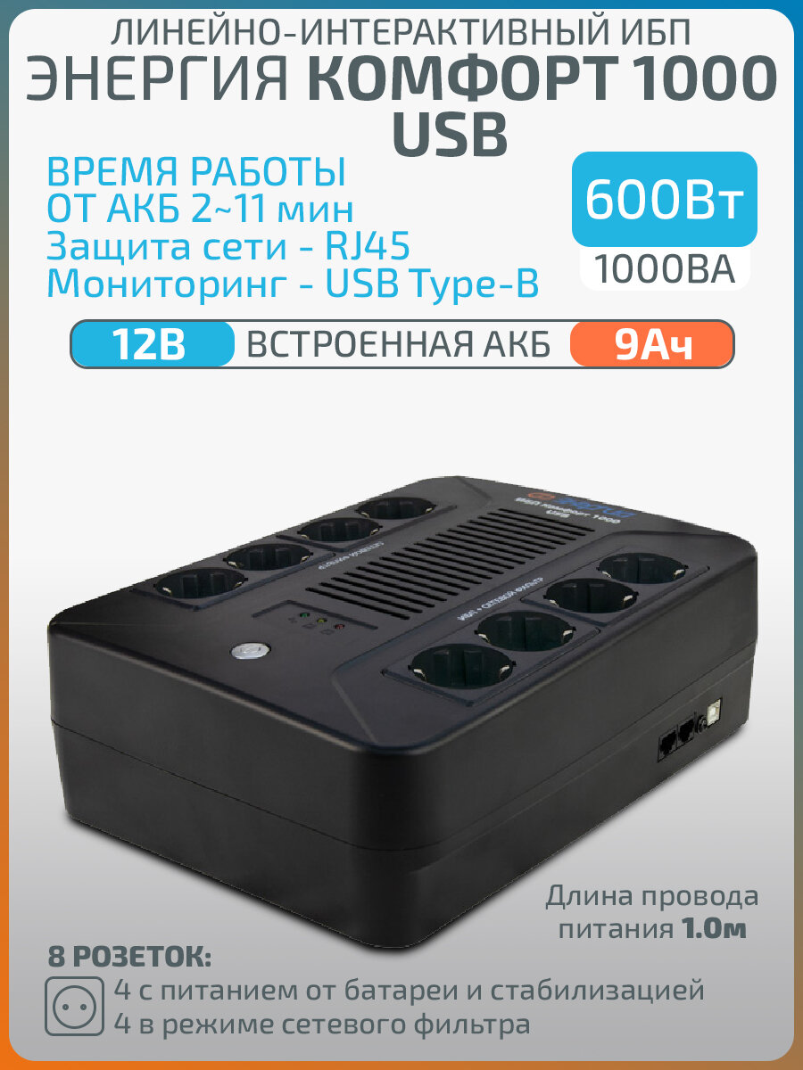 Источник бесперебойного питания для ПК, ИБП Энергия Комфорт 1000 USB, 1000 ВА, 600 Вт с защитой сети и мониторингом