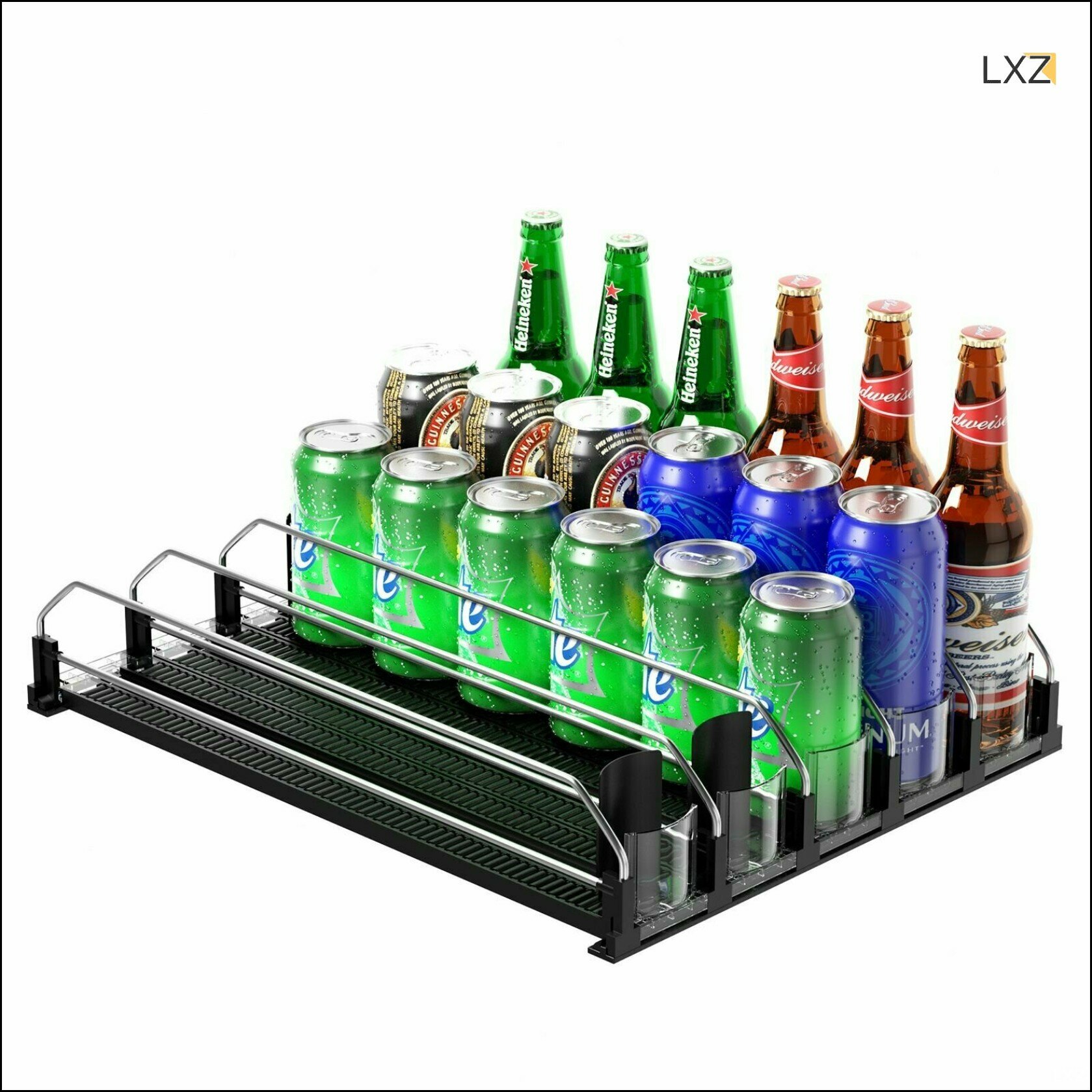 Эксклюзивный диспенсер с пружинным механизмом для загрузки до 30 банок, оснащенный регулируемой по ширине скользящей стойкой на 5 рядов и длиной 380 мм для вашего холодильника.