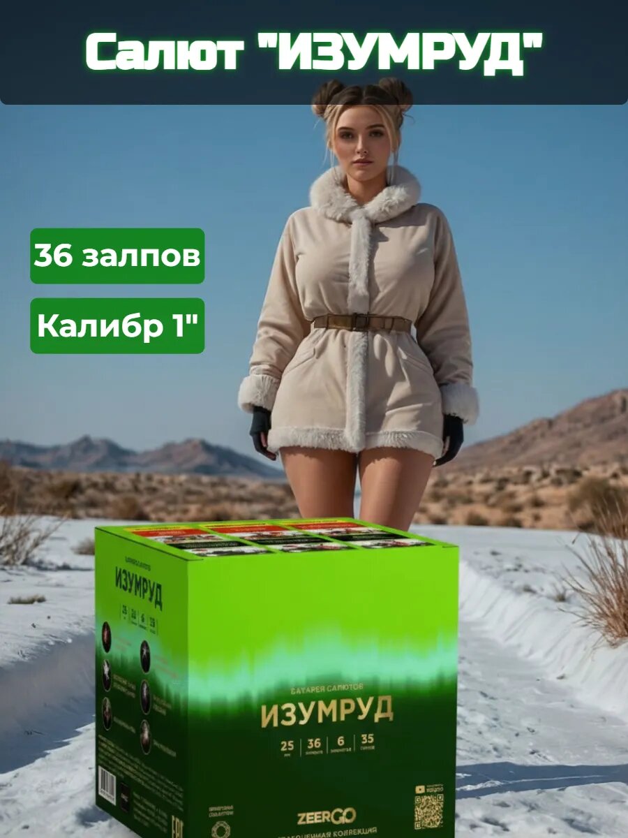 Салют "Изумруд" ZEERGO 36, радиус опасной зоны 30м, 6 эффектов