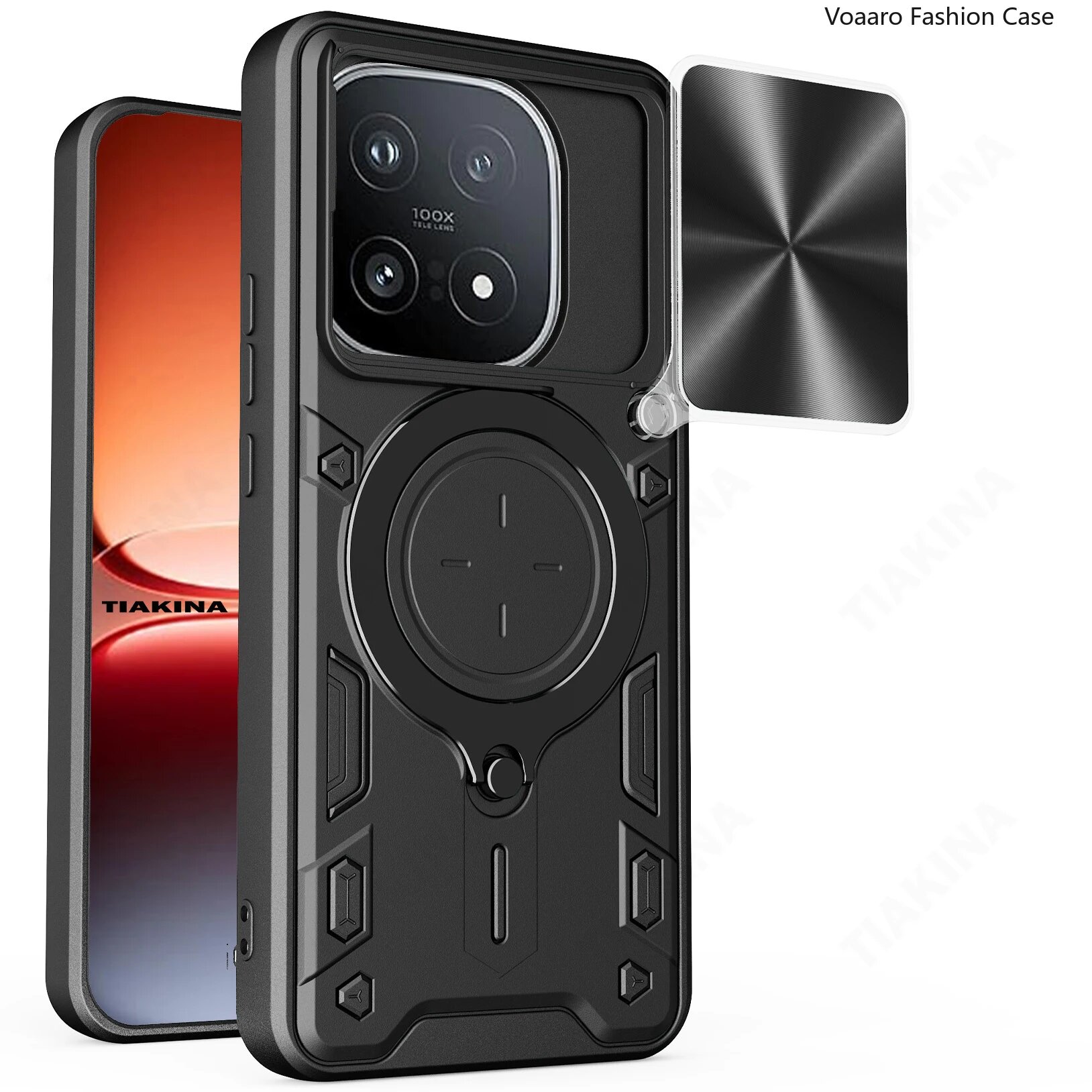 Защитный чехол-броня с поворотной шторкой для камеры и магнитным кольцом-подставкой Черный, черный