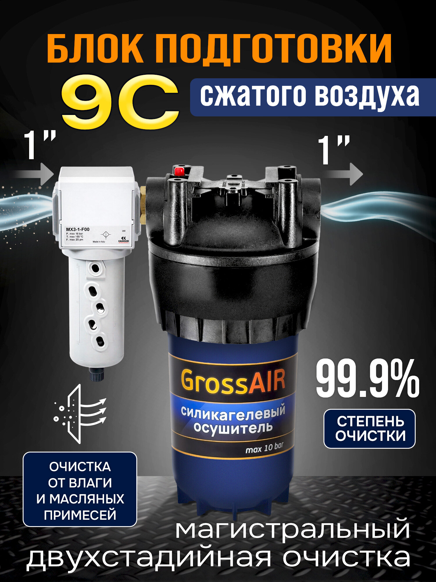 Фильтр-группа осушитель GrossAIR 9C (вход 1", выход 1") магистральный блок подготовки сжатого воздуха
