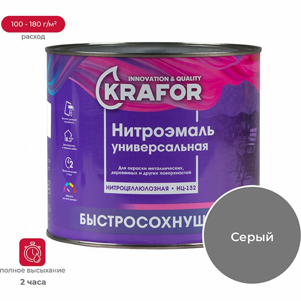 Эмаль KRAFOR НЦ-132 серая, 1.7 кг 26490