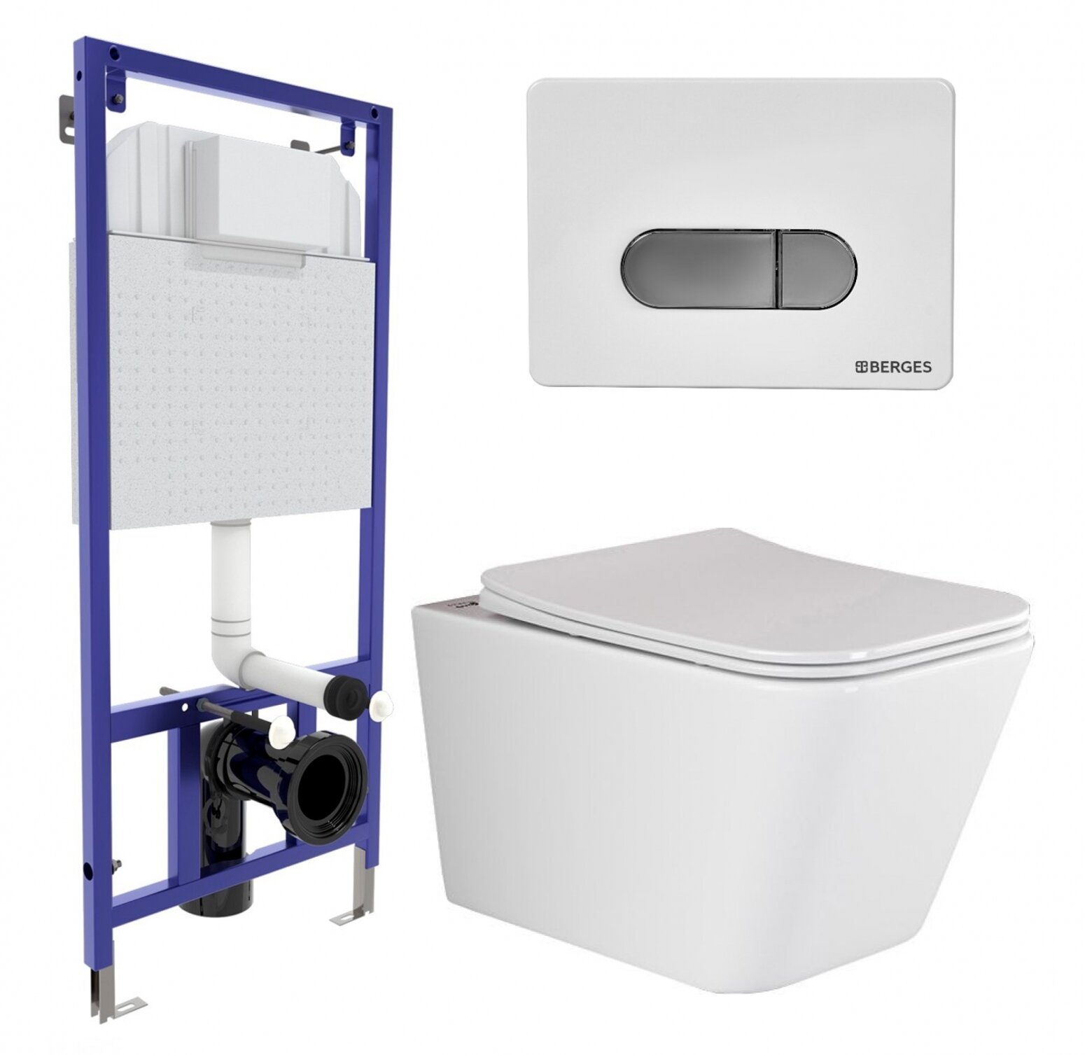 Комплект 3 в 1 инсталляция Berges Wasserhaus Novum D7 + Унитаз подвесной Ceramica Nova Metric Rimless CN3007 + кнопка хром