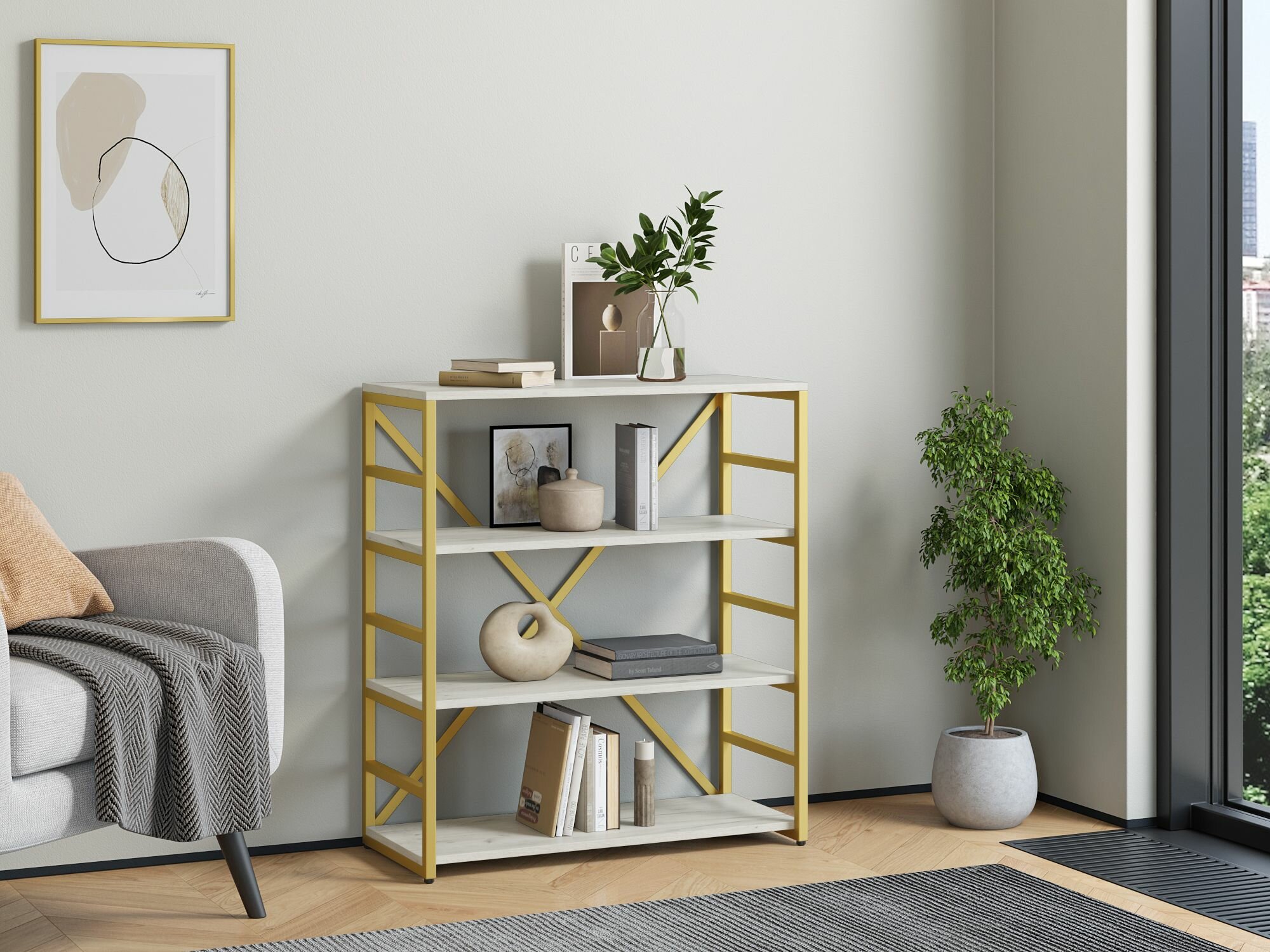 Стеллаж Айсберг Лофт Gold 80/4-2 Золотой с полками дуб крафт белый