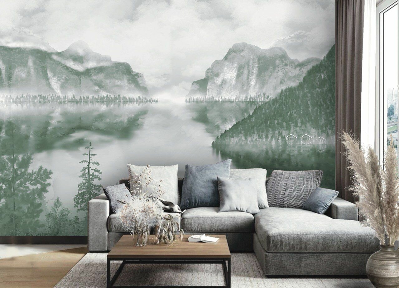 Обои бесшовные Горное озеро зеленое (ширина 2550мм х длина 3500мм)