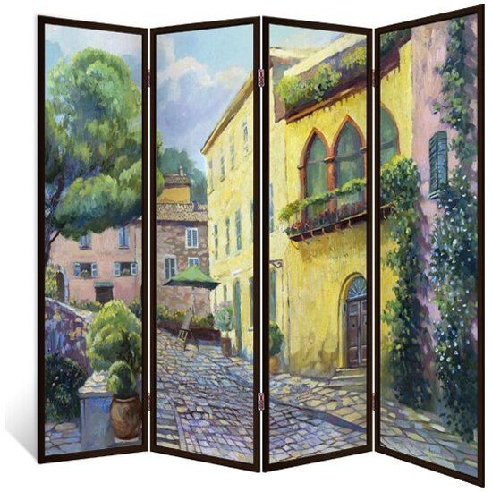 Ширма перегородка Декор Депо для комнаты деревянная "Солнечный дом в Сант Арканджело ди Романья." двухсторонняя с картинкой (живопись) 4 створки венге 176х185 см 14 кг