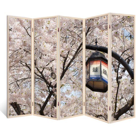 Ширма перегородка Декор Депо для комнаты деревянная "Японский фонарик" двухсторонняя с картинкой (уют) 5 створок кремовый дуб 176х230 см 18 кг