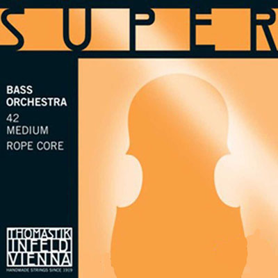 Double bass string set Thomastik Superflexible 42 - Chrome wound twisted steel strings with improved flexibility and stable tune for 4/4 double bass with orchestra tuning, medium tension.