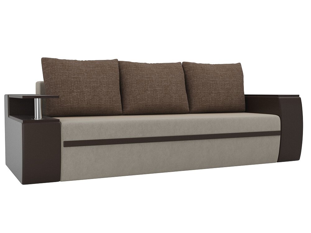 Прямой диван Майами Коричнево-Бежевый Рогожка Экокожа, еврокнижка, 247х103х80 см, с ящиком для белья