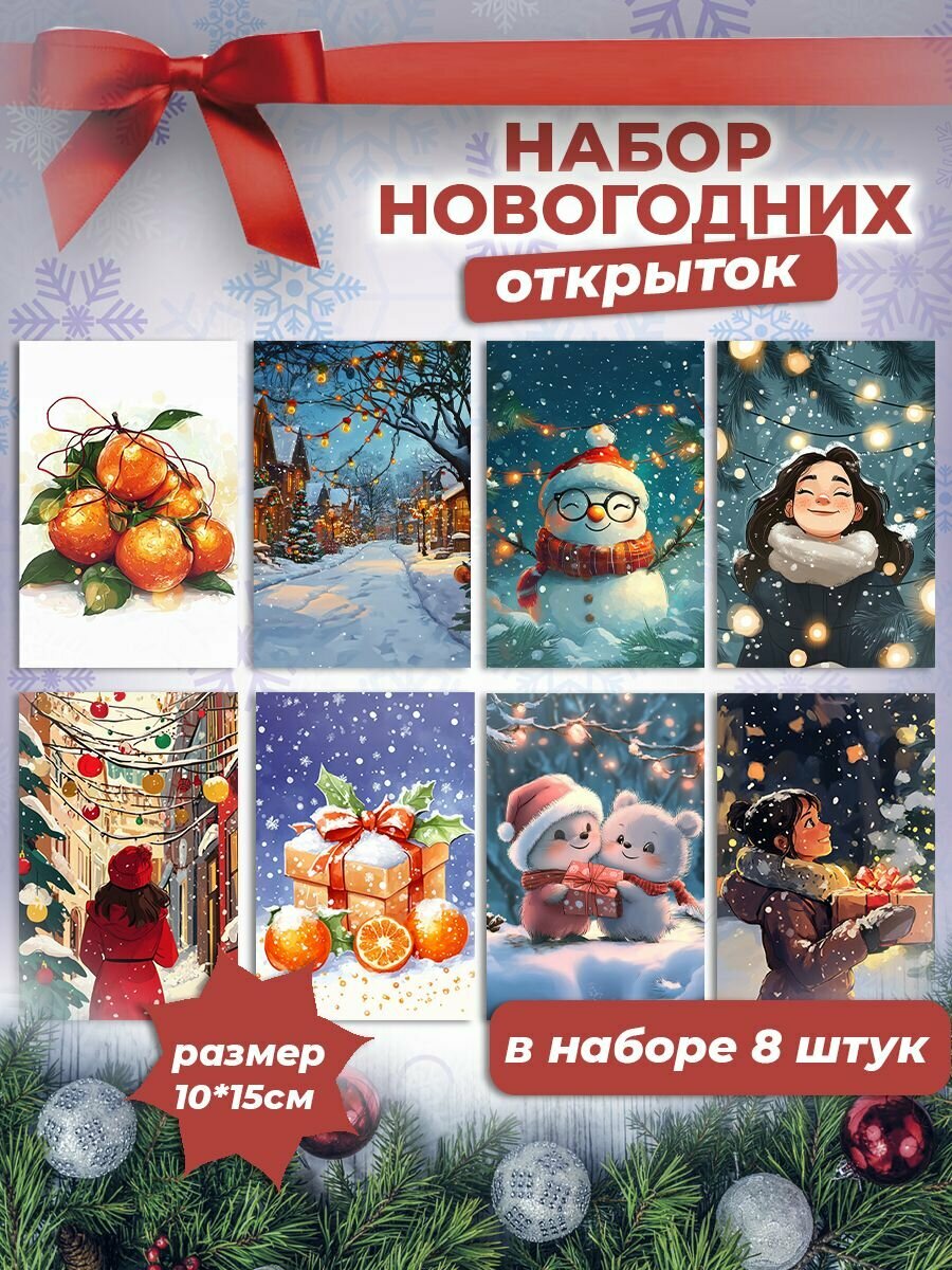Новогодние открытки на Новый Год набор 8 шт