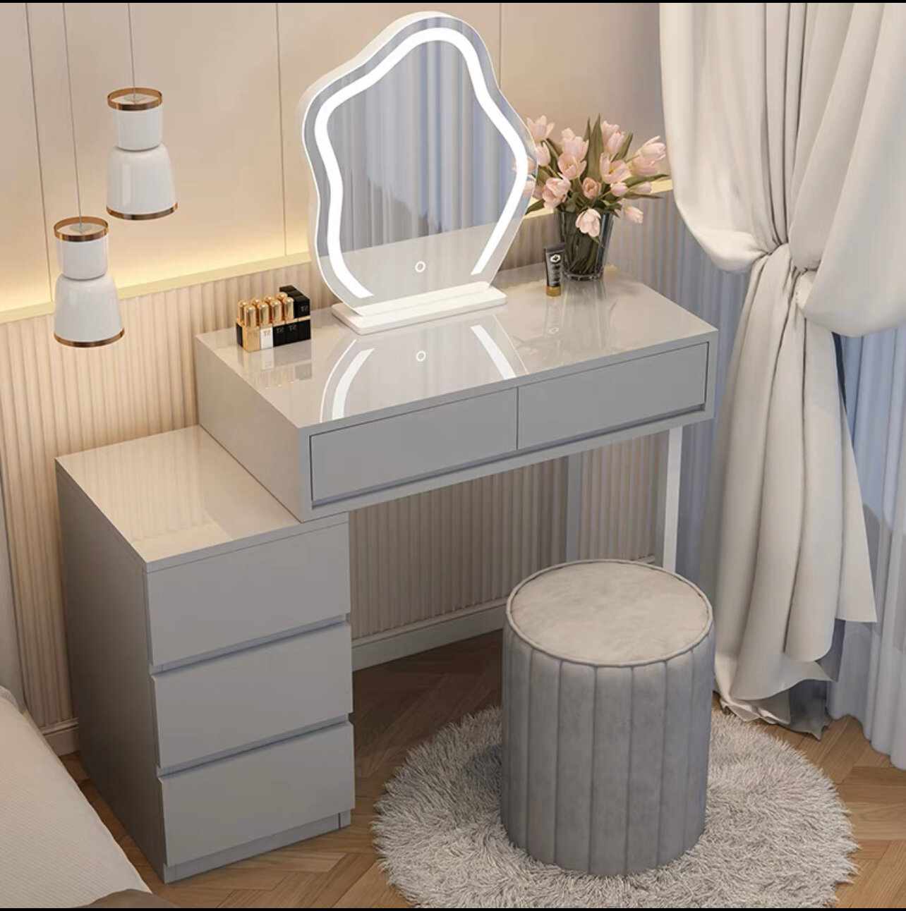Туалетный столик Jeremiah (Стол с тумбой 70см + зеркало с подсветкой + пуф / цвет серый)