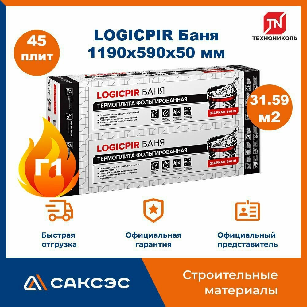 Плиты PIR (пир) теплоизоляции LOGICPIR Баня 1190х590х50мм, 45 плит, 31.59 м2 / утеплитель для стен фольгированный