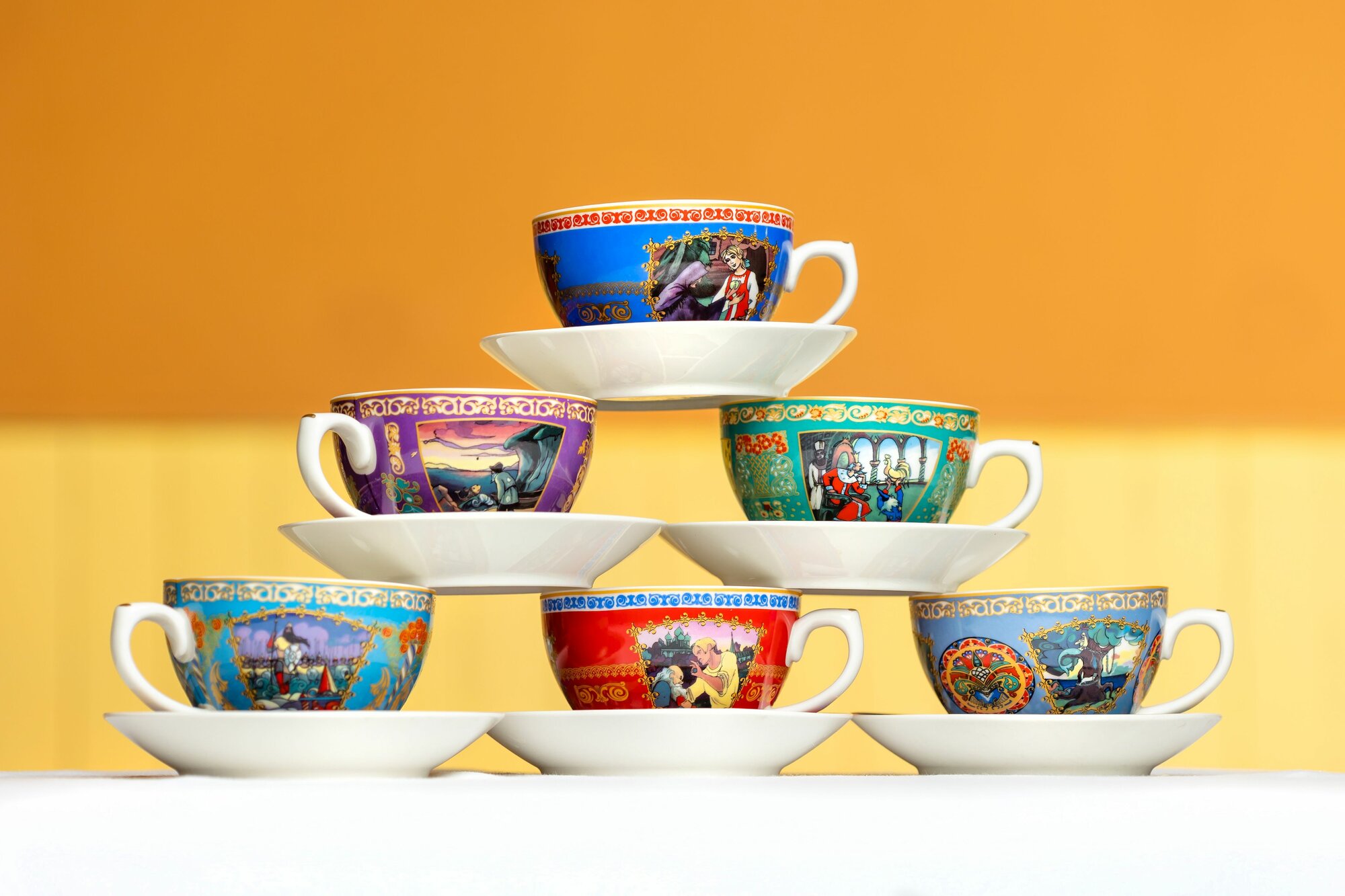Набор чайных пар подарочный, сервиз для чаепичия, "Золотые русские сказки А. С. Пушкина", для детей и взрослых, 6 чашек, 6 блюдец, 220 мл, 12 предметов
