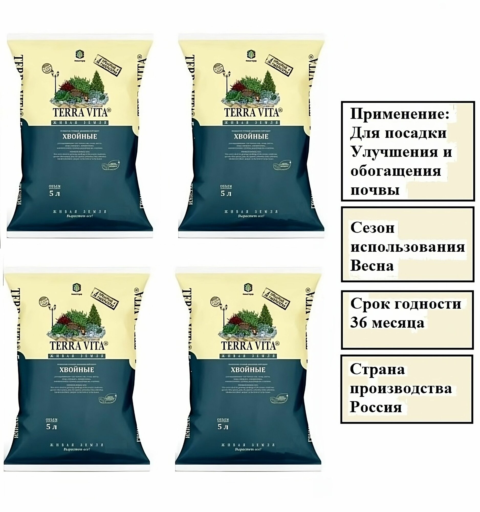 Набор из 4-х упаковок грунта для хвойных по 5 л. Смесь предназначена для выращивания туи, бонсая, ели, сосны, пихты; а также кедра, можжевельника и голубики
