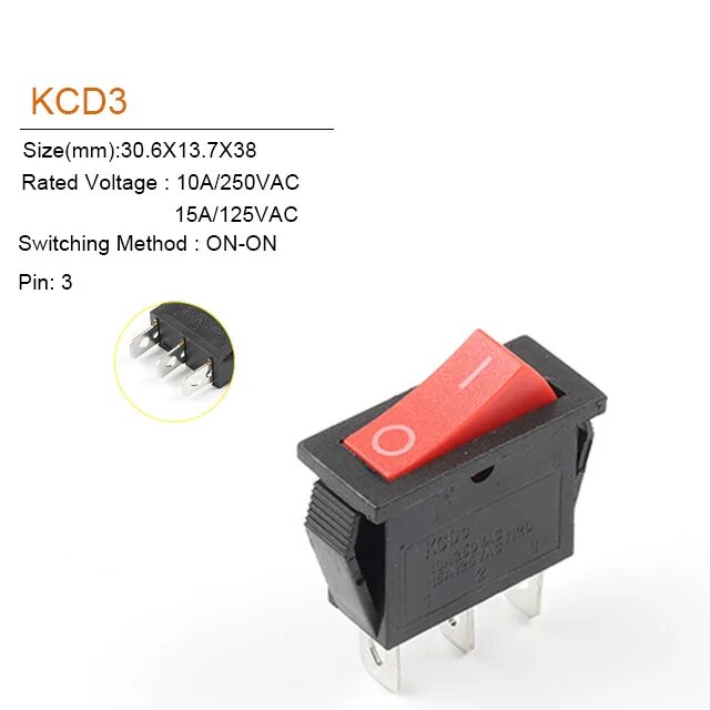 Переключатель KCD3 3Pin Red 10A 250V ON-ON