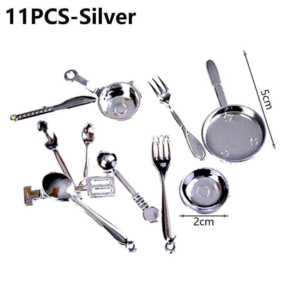 Миниатюрная посуда для кукольного домика, silver-11PCS